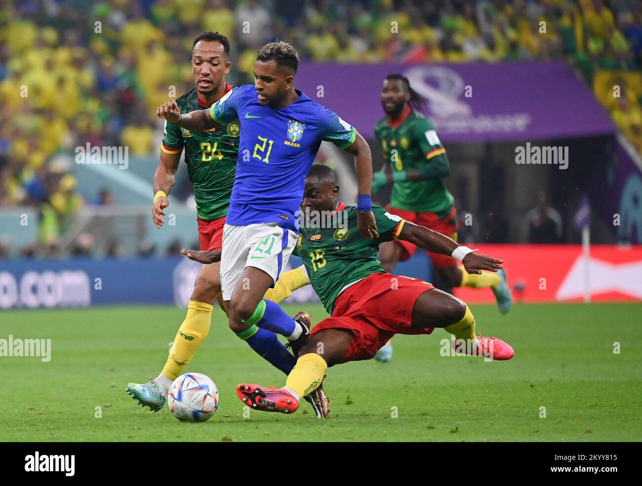 Lusail, Qatar. 2nd Dec, 2022. Rodrygo (C) of Brazil vies with Collins ...
