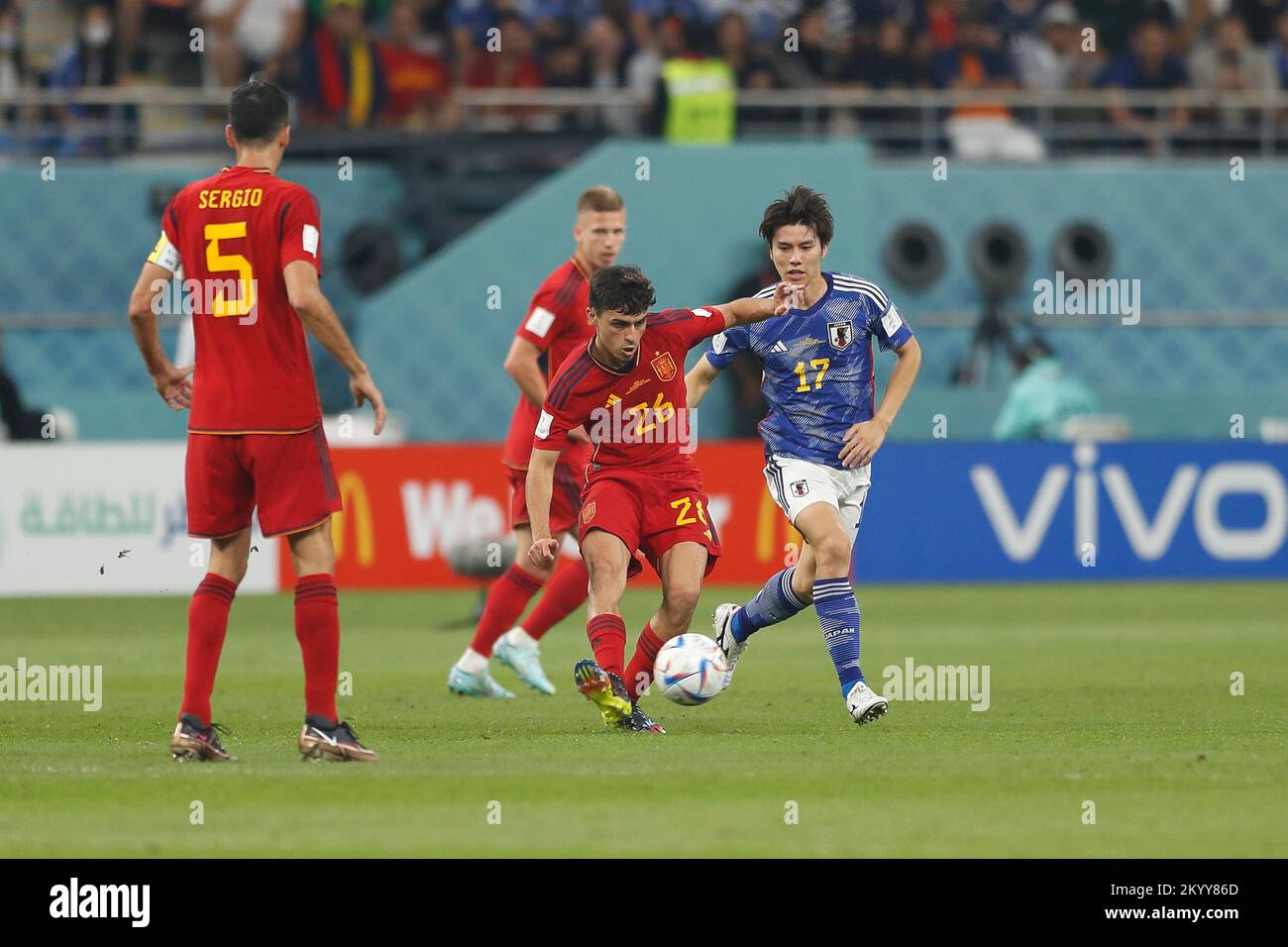 Al Rayyan, Qatar. 1st Dec, 2022. (L-R) Pedri (ESP), Ao Tanaka (JPN) Football/Soccer : FIFA World ...