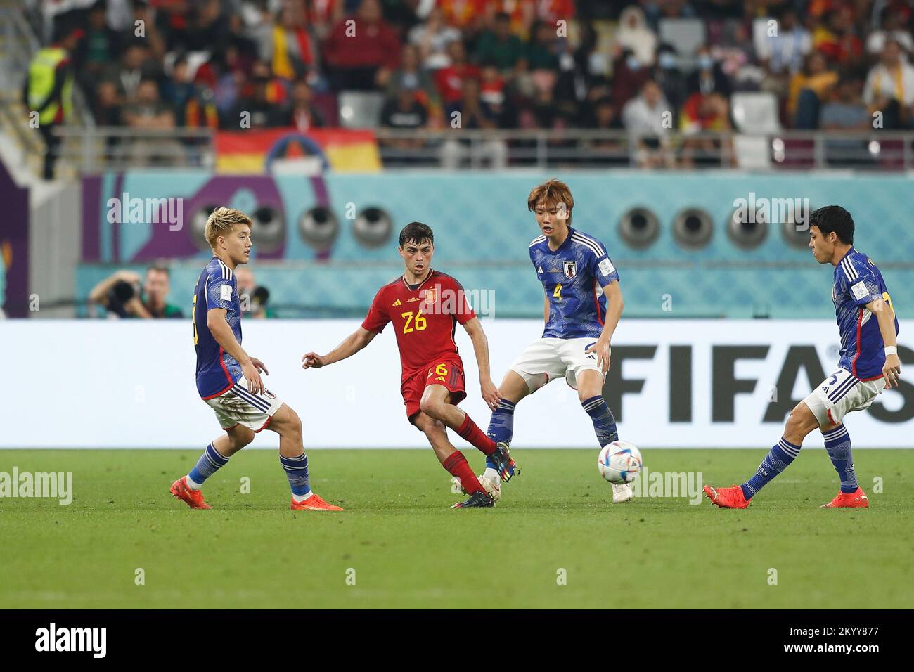 Al Rayyan, Qatar. 1st Dec, 2022. (L-R) Ritsu Doan (JPN), Pedri (ESP), Kou Itakura, Wataru Endo ...
