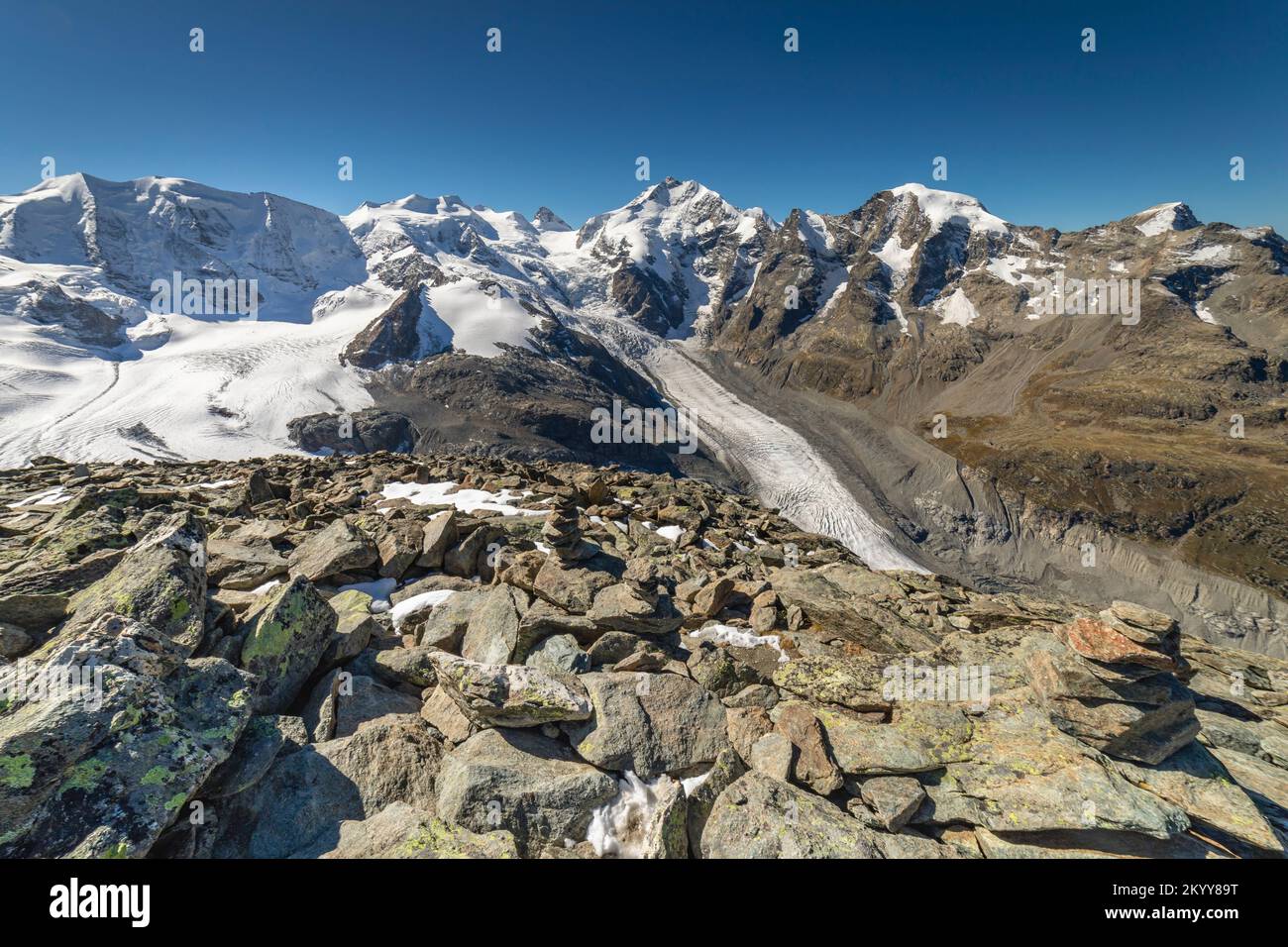 Bernina and Palu mountain range with glaciers in the Alps, Engadine ...