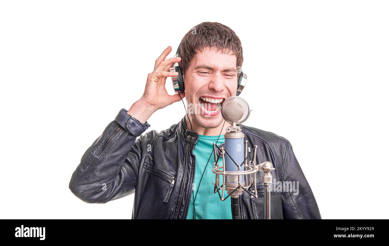 Male singer with microphone isolated on white background Stock Photo ...