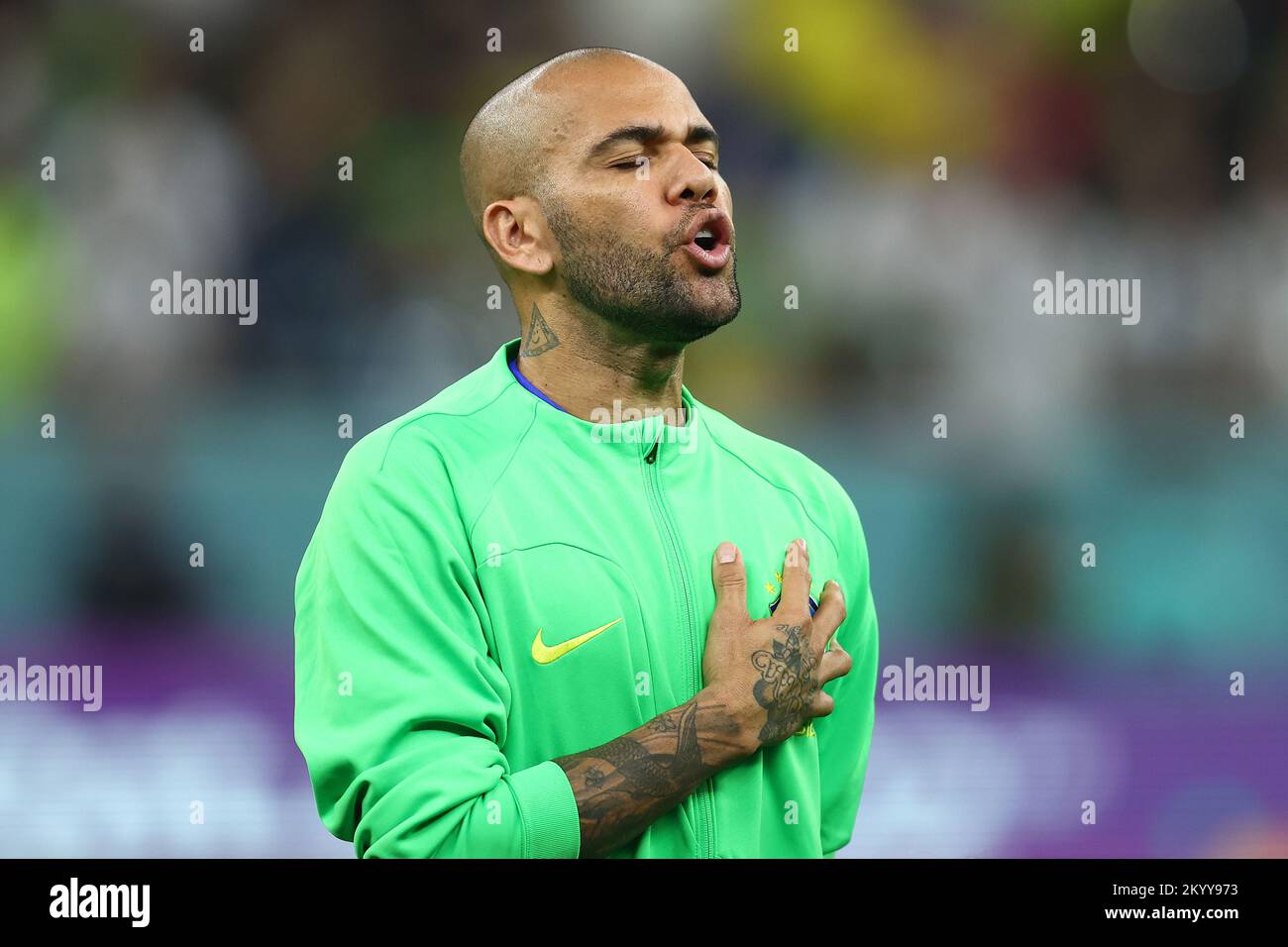 Doha, Qatar. 02nd Dec, 2022. Dani Alves of Brazil sings the national ...