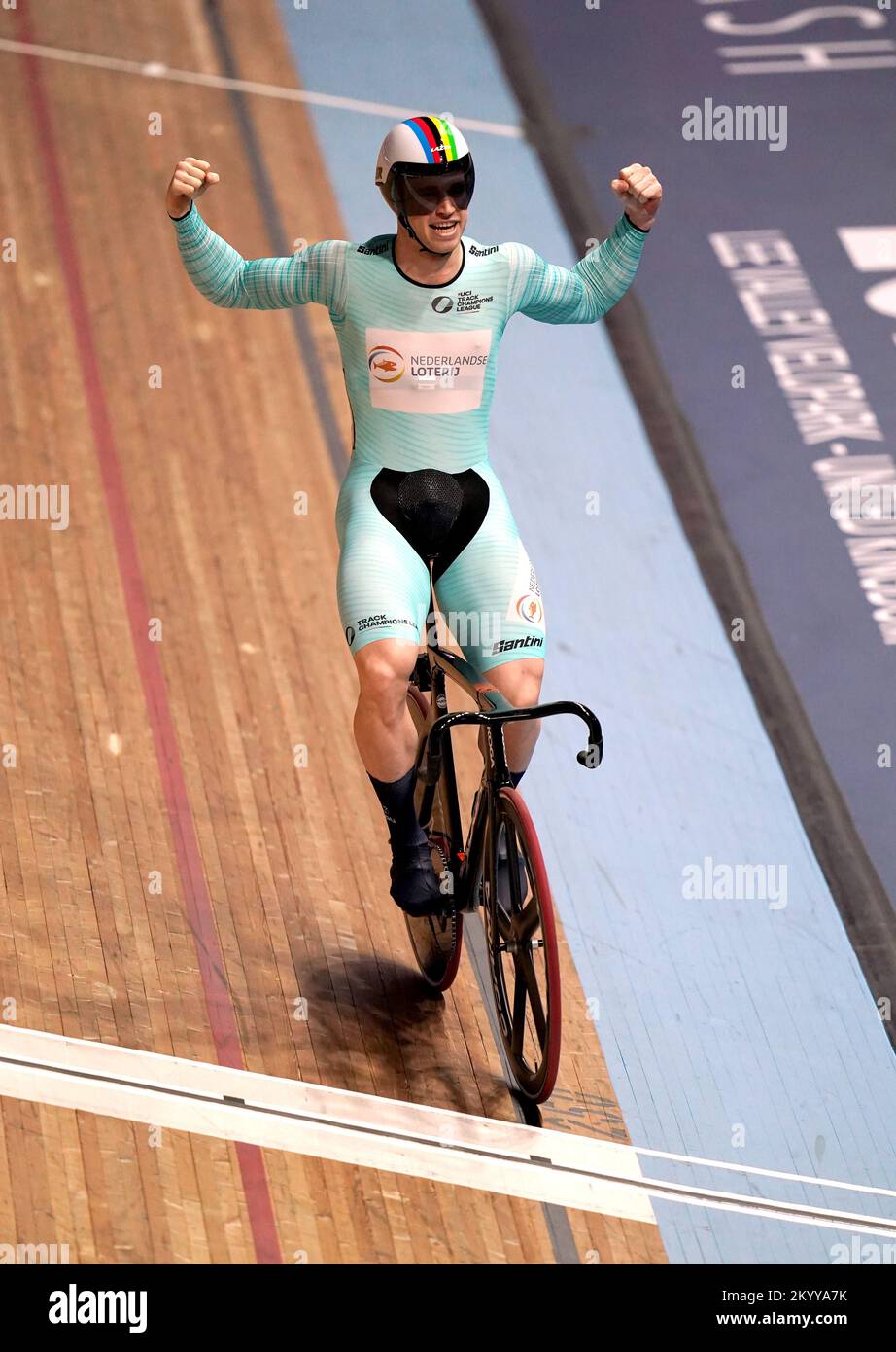 Harrie Lavreysen celebrates winning the mens sprint final during day ...