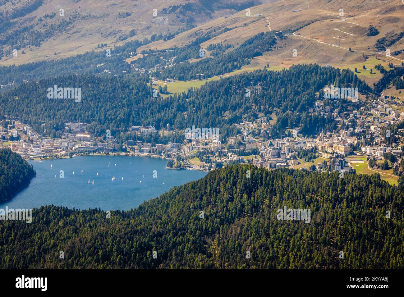 Above St Moritz lake with sailboats from Muottas Muragl, Graubunden ...