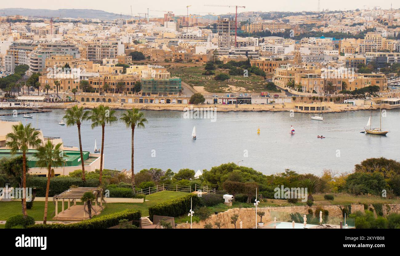 Panoramic view from Valletta fortification garden on Floriana Grand ...