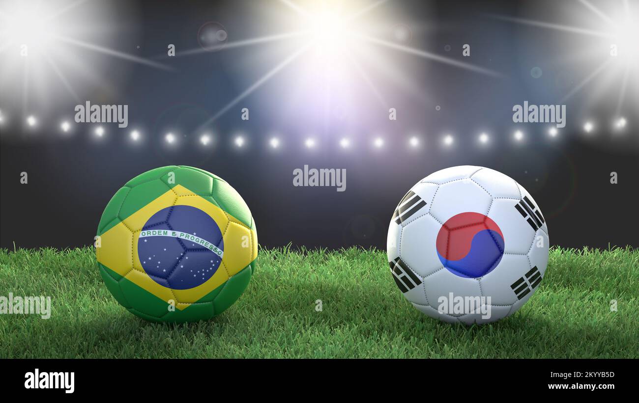 Two soccer balls in flags colors on stadium blurred background. Brazil ...