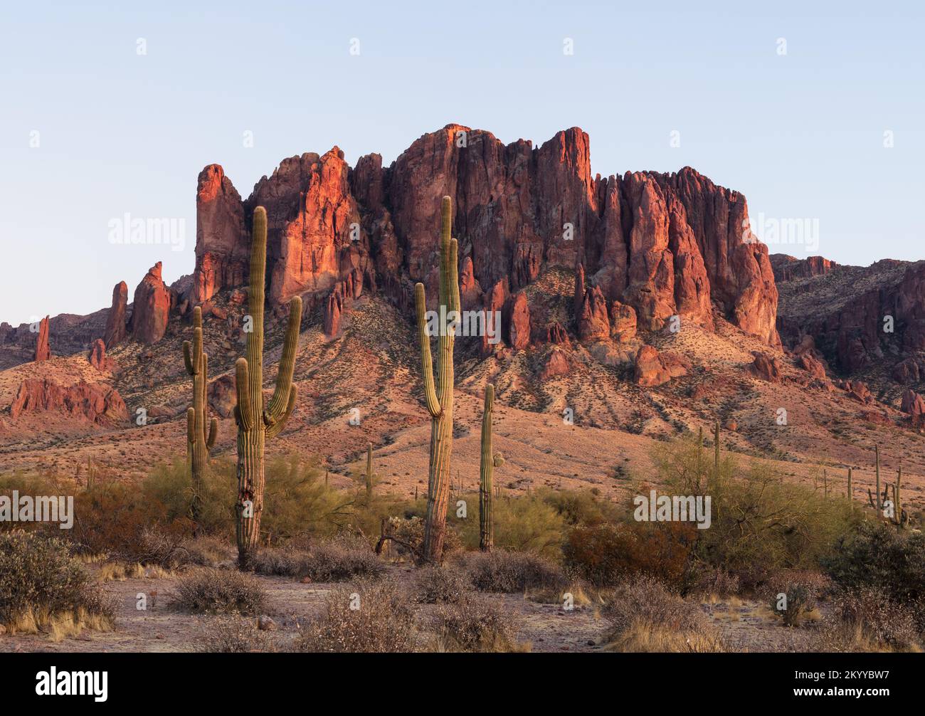 Sunset light on the Superstition Mountains in Mesa, Arizona Stock Photo ...