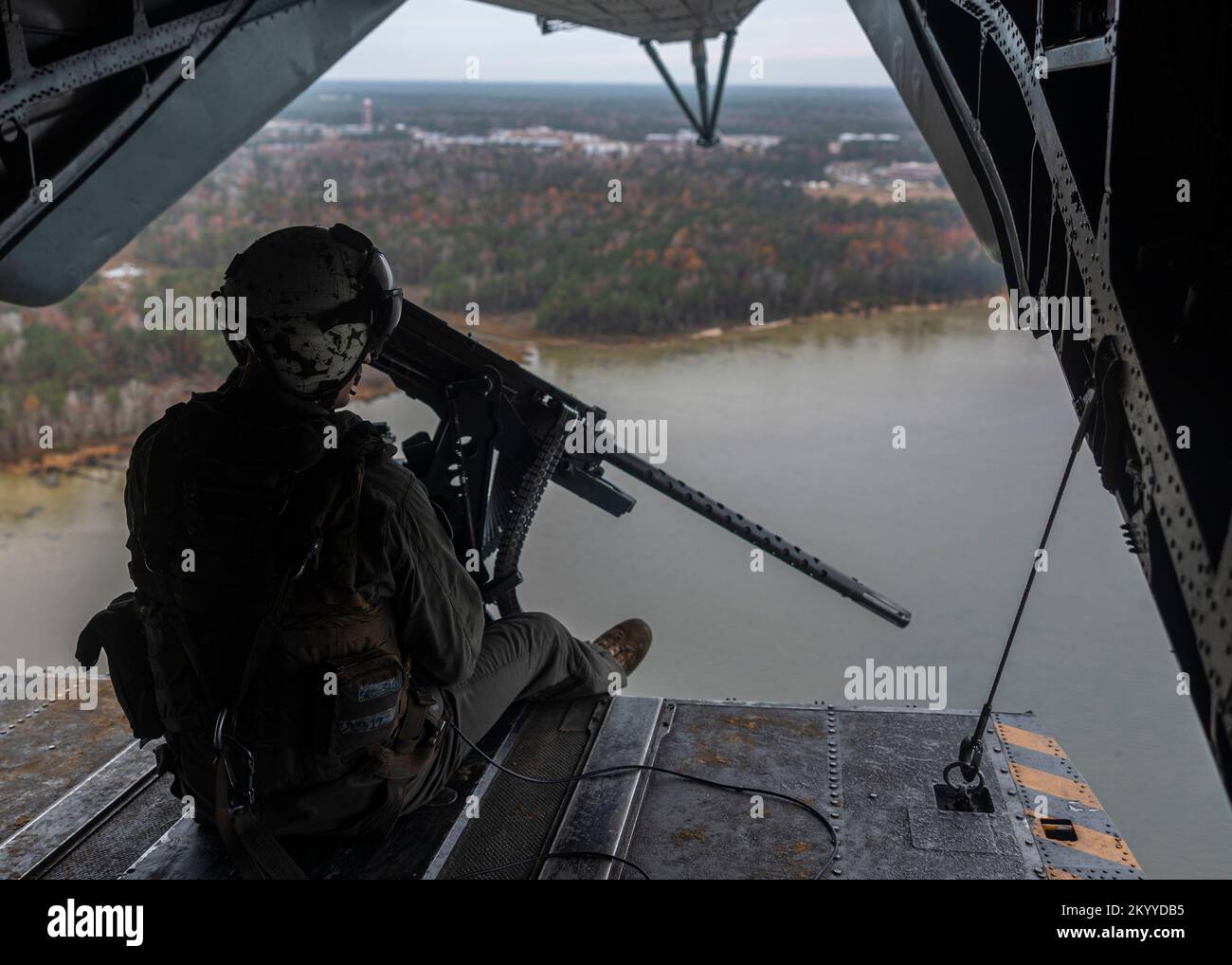 A U.S. Marine Corps crew chief with Marine Heavy Helicopter Squadron ...