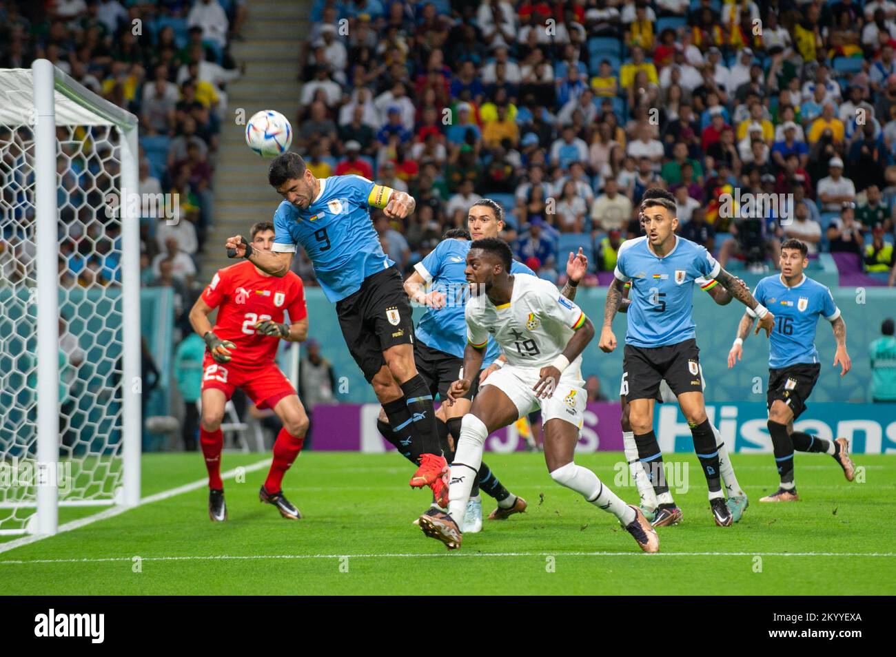 Luis Suarez of Uruguay heads the ball during the FIFA World Cup Qatar ...