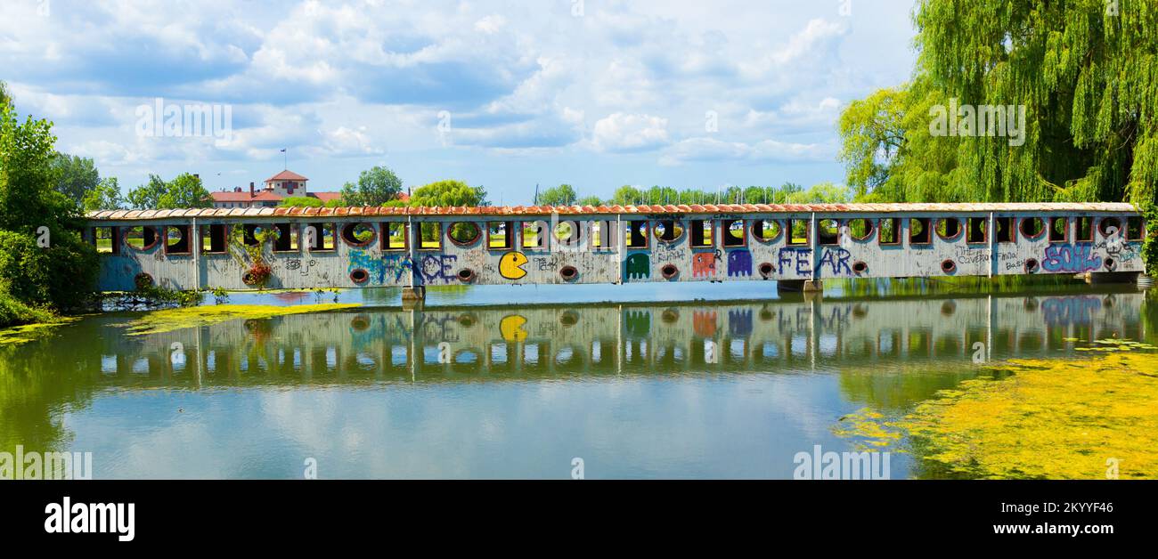 A pedestrian footbridge across a pond in Belle Isle Park, known simply ...