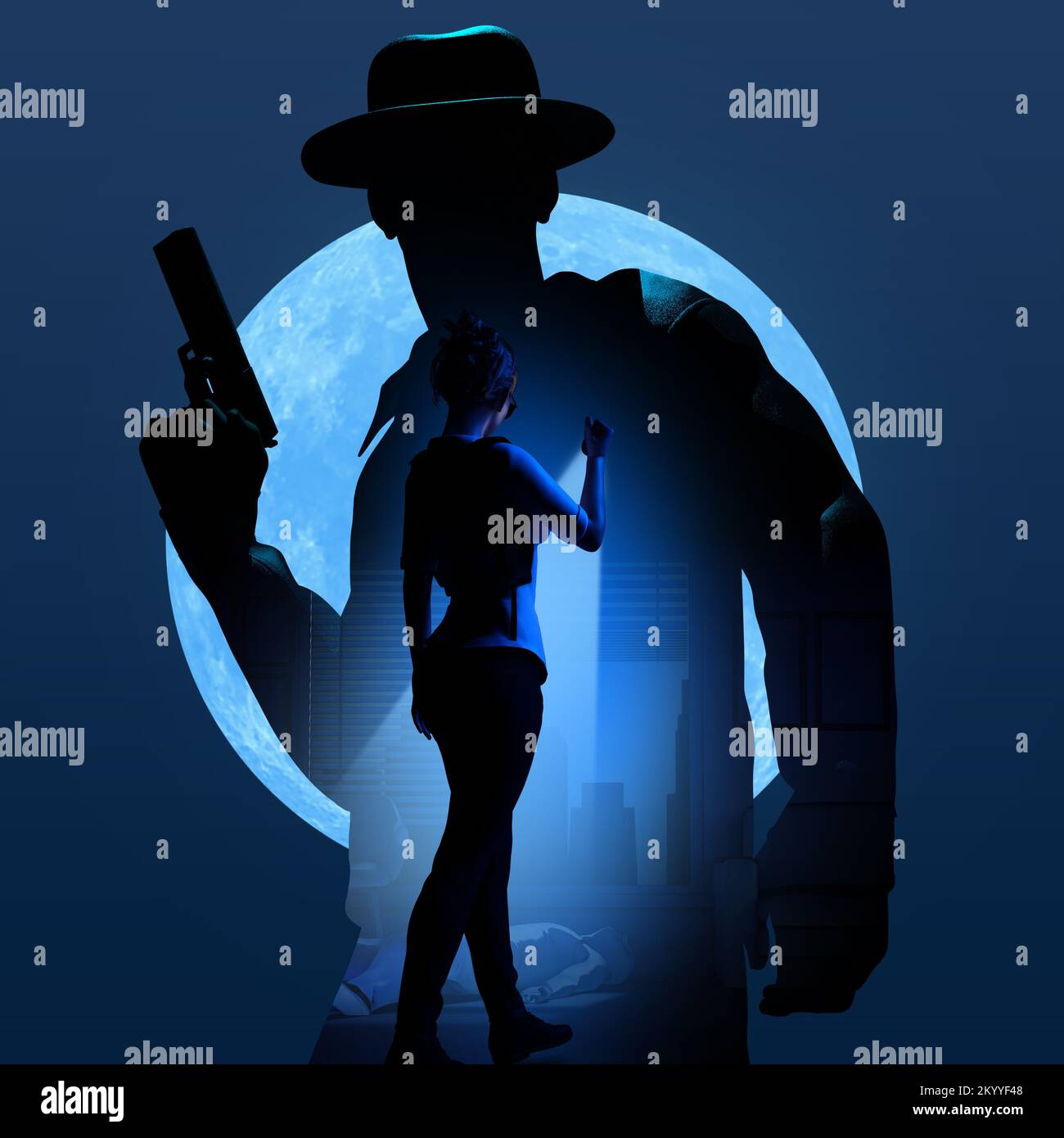 3d render illustration of male detective or mobster with gun silhouette ...