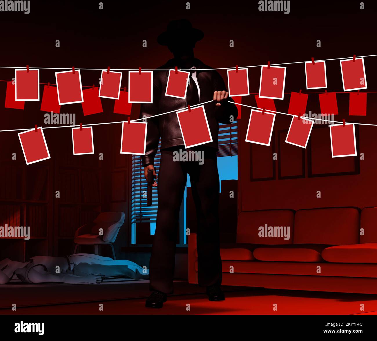 3d render illustration of detective with gun holding blank photo ...