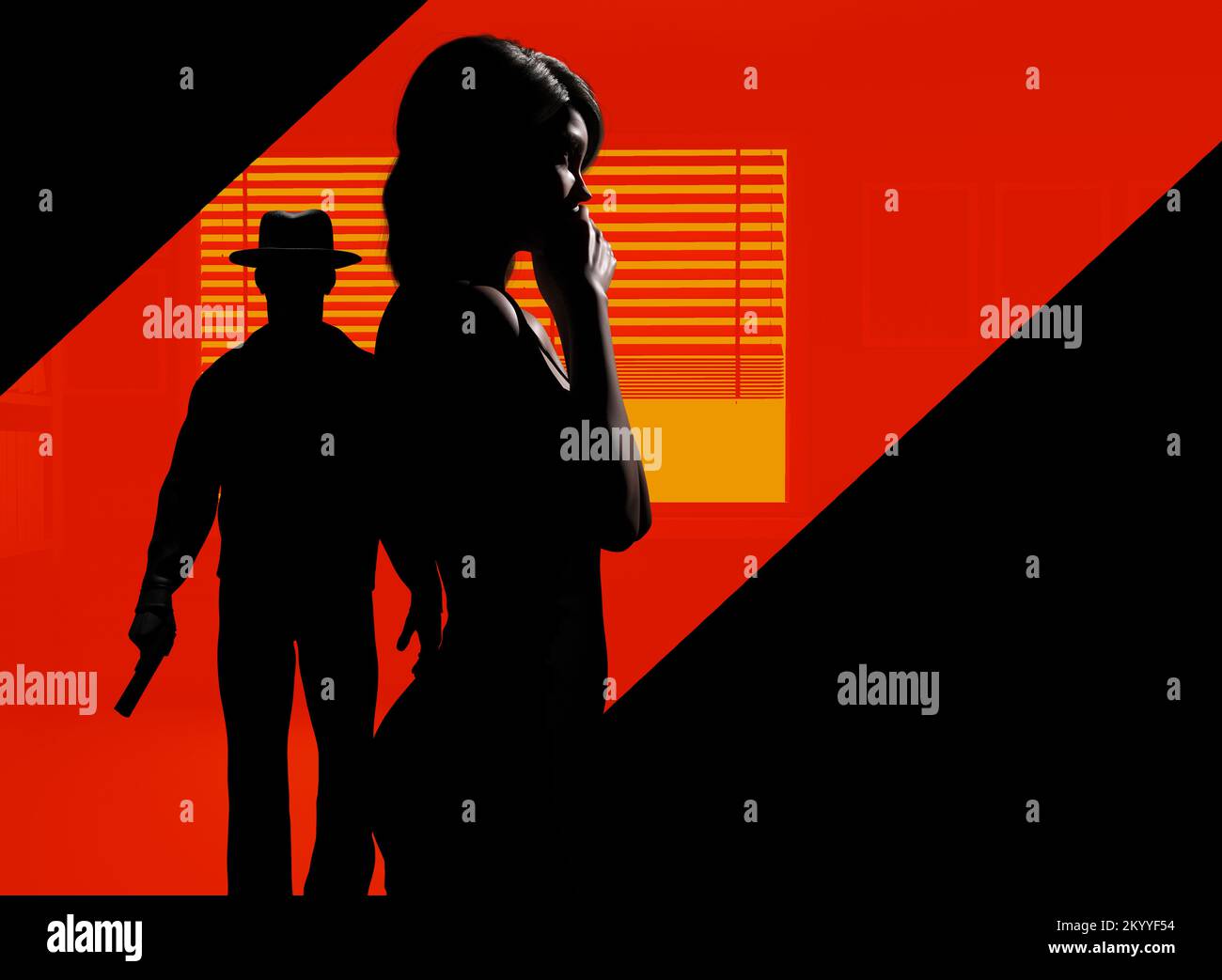 3d render illustration of scared victim lady standing with mobster or ...