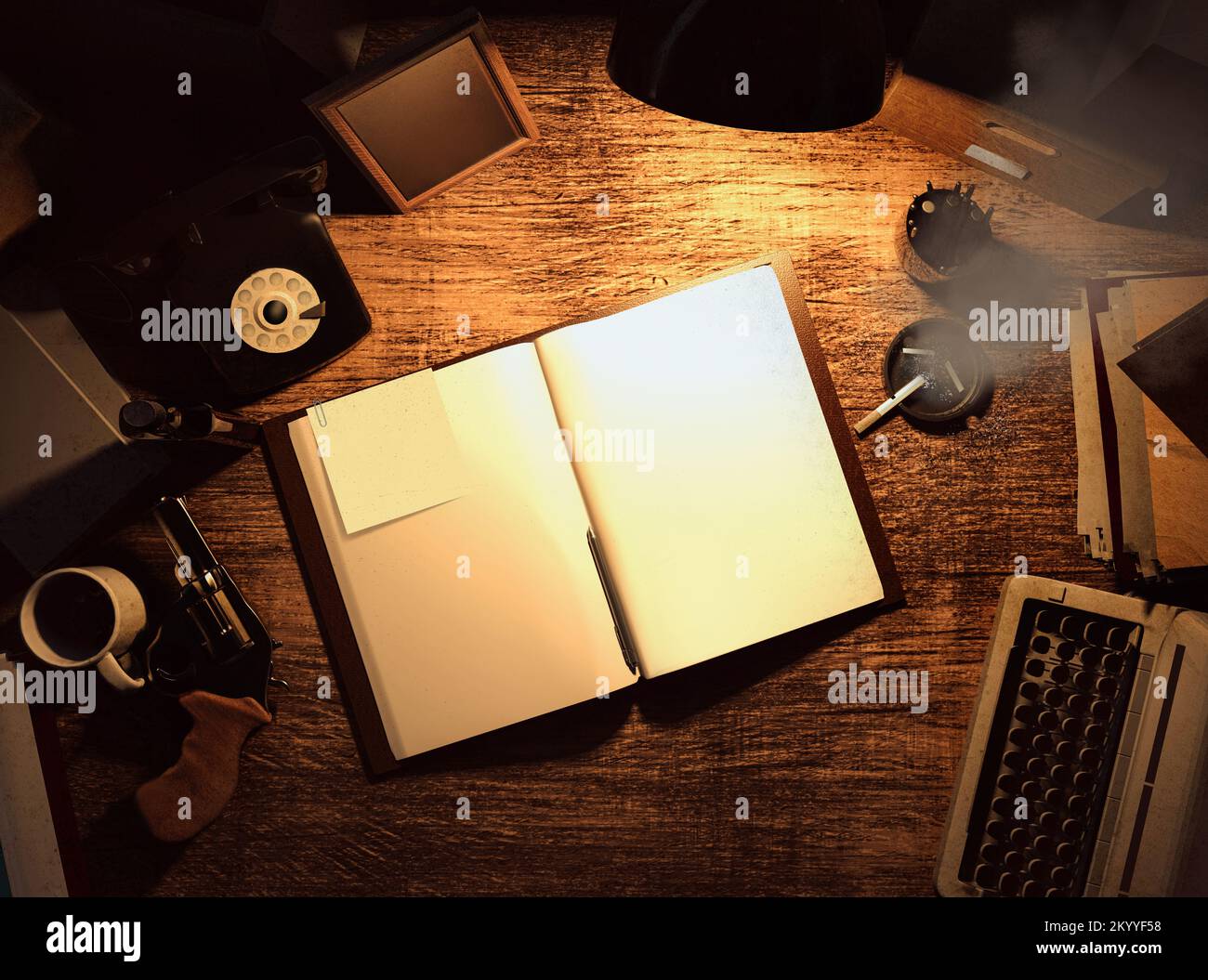 3d render illustration of detective workspace table with gun, lamp ...
