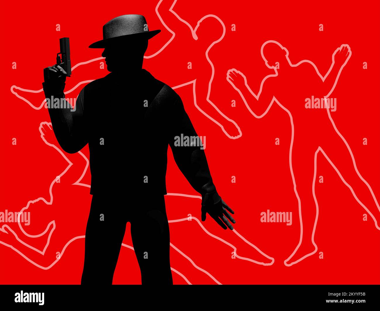3d render noir illustration of shaded detective posing with gun and hat ...