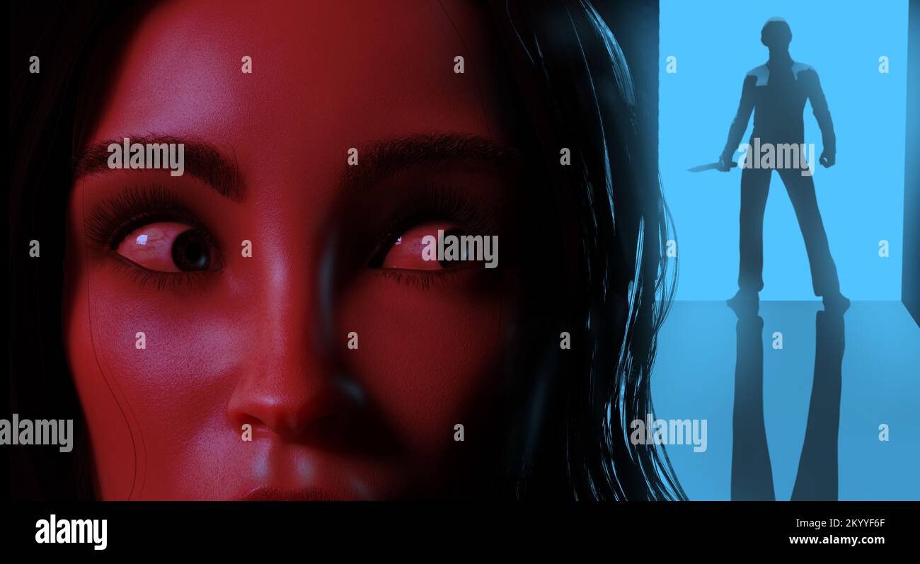 3d render noir thriller illustration of scared red highlighted lady ...