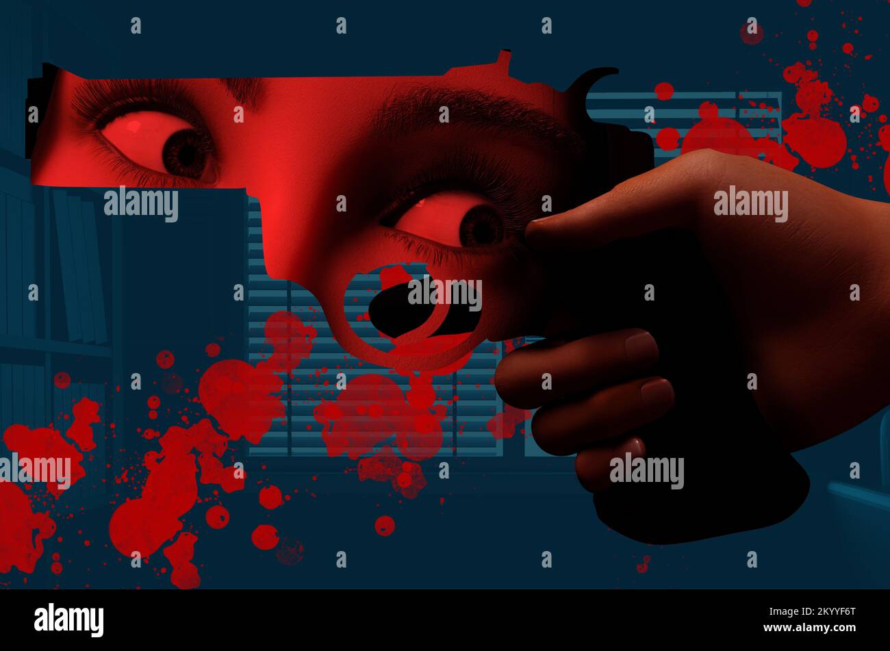 3d render noir thriller illustration of lady scared face in hand ...