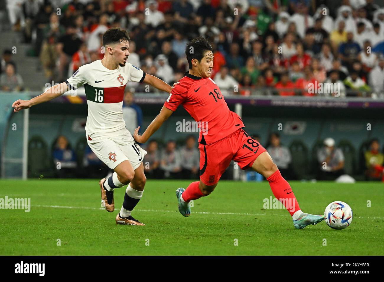 Doha Qatar 02nd Dec 2022 Vitinha Of Portugal And Lee Kang In Of