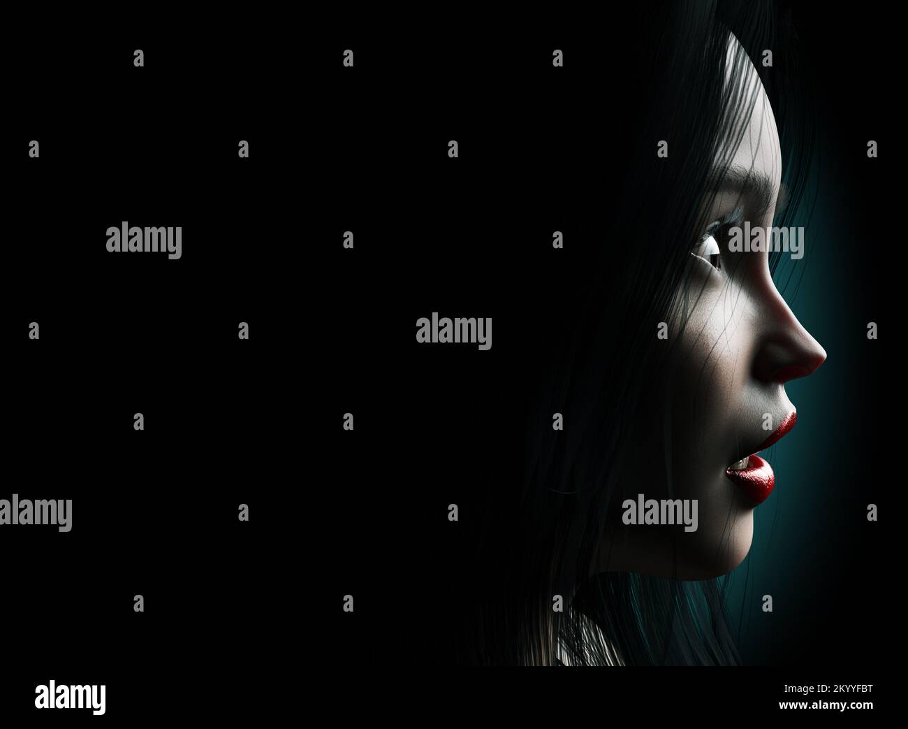 3d render noir thriller illustration of scared lady face profile on ...