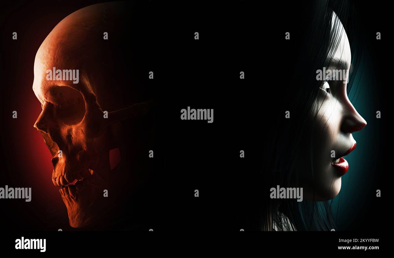 3d render noir thriller illustration of scared lady face profile with ...