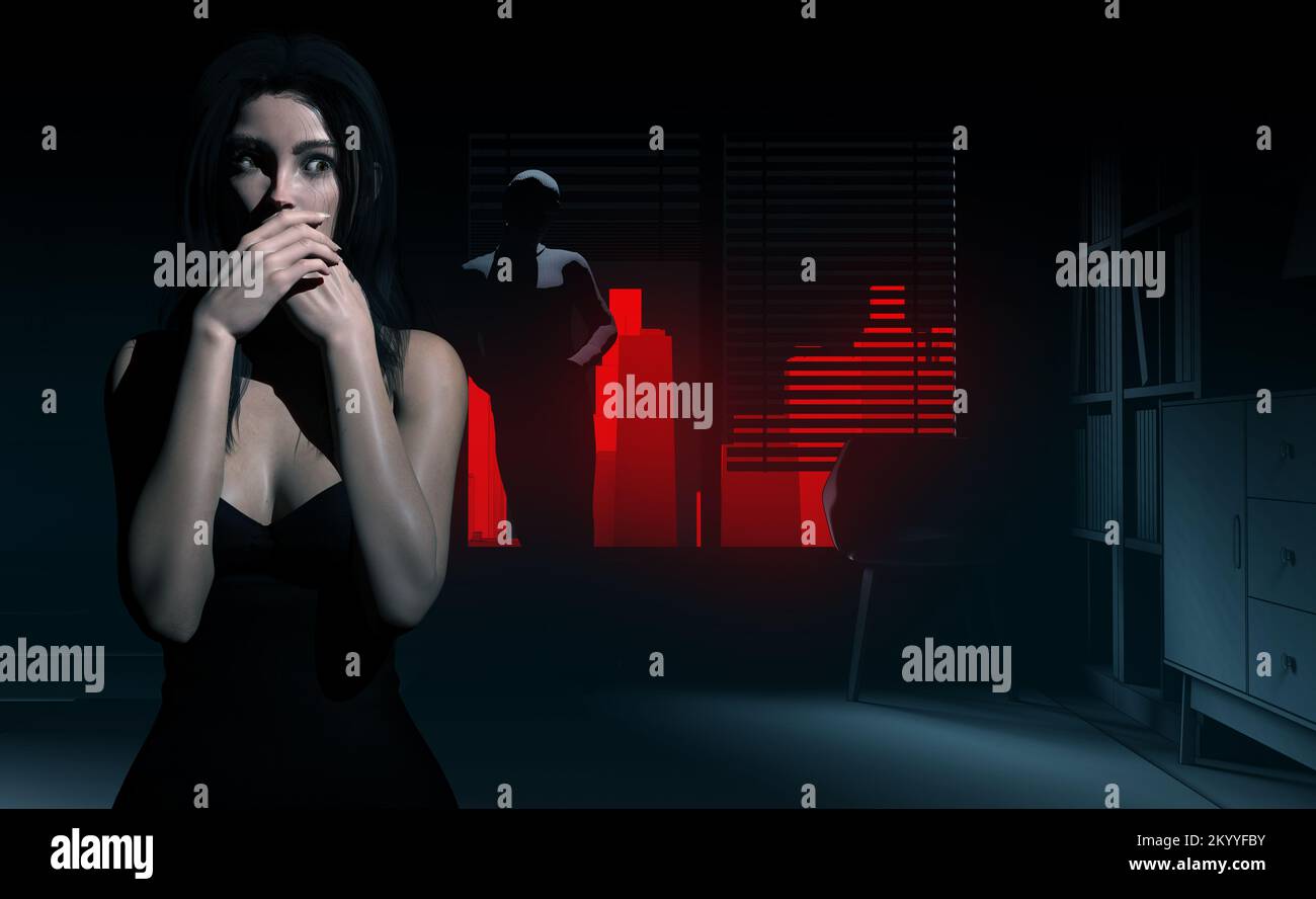 3d render thriller illustration of scared lady in black dress standing ...