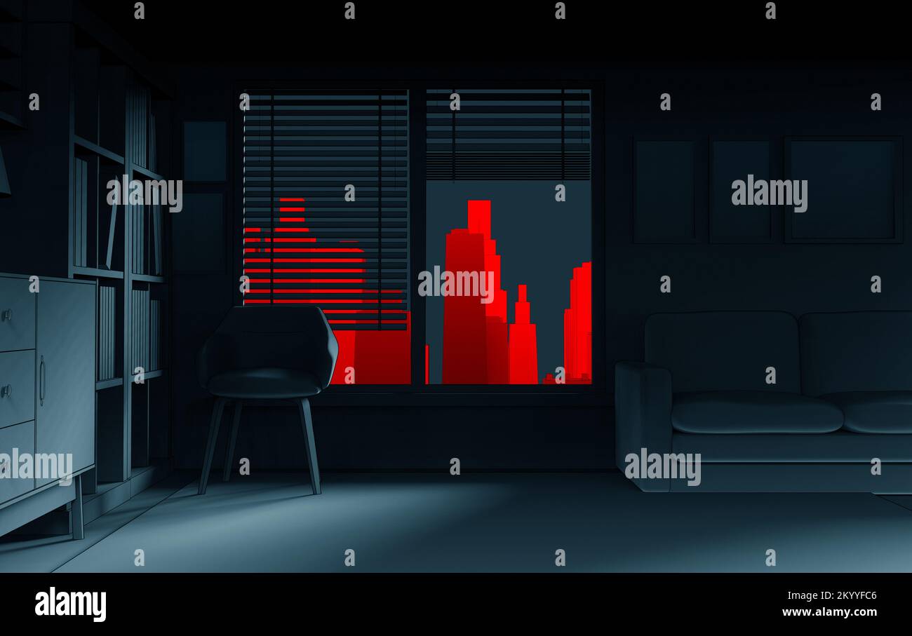 3d render illustration of dark noir room with red colored cityscape ...