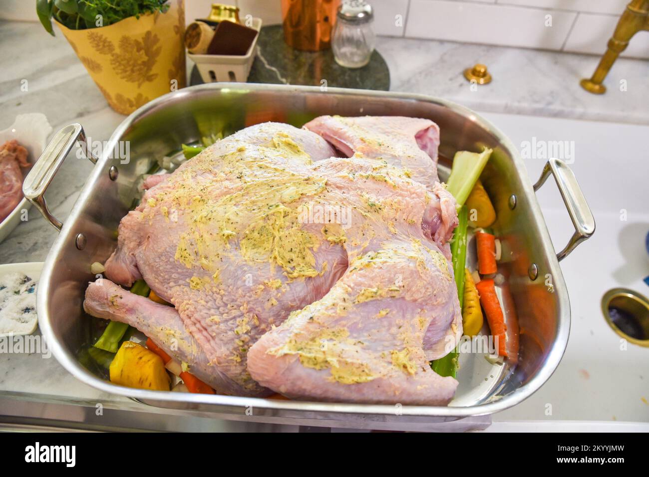 Raw Thanksgiving Turkey in a roasting pan Stock Photo - Alamy