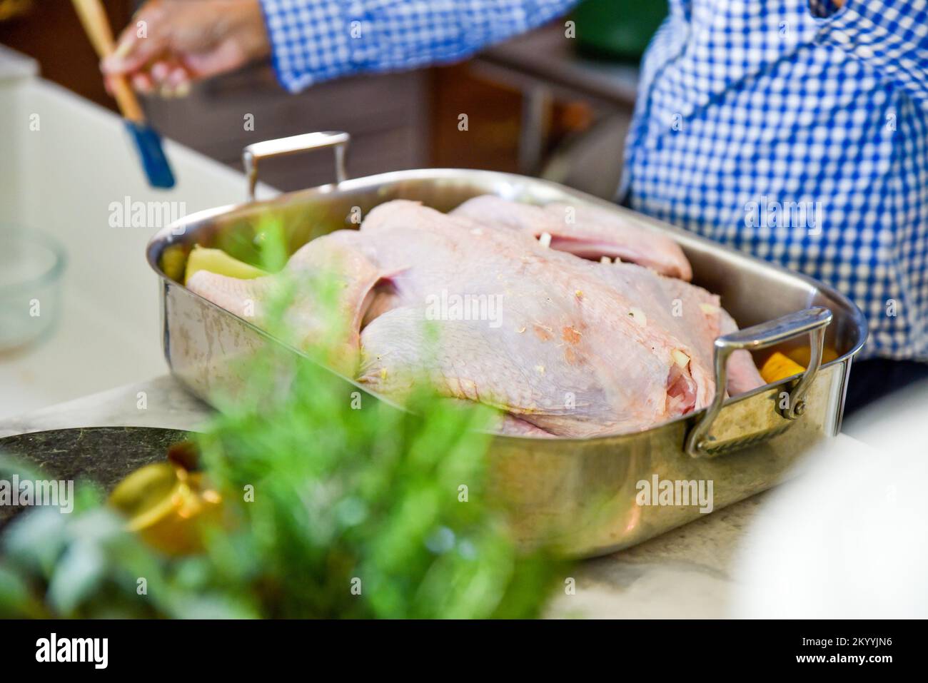 Africa American Woman preparing a large raw turkey for a family ...