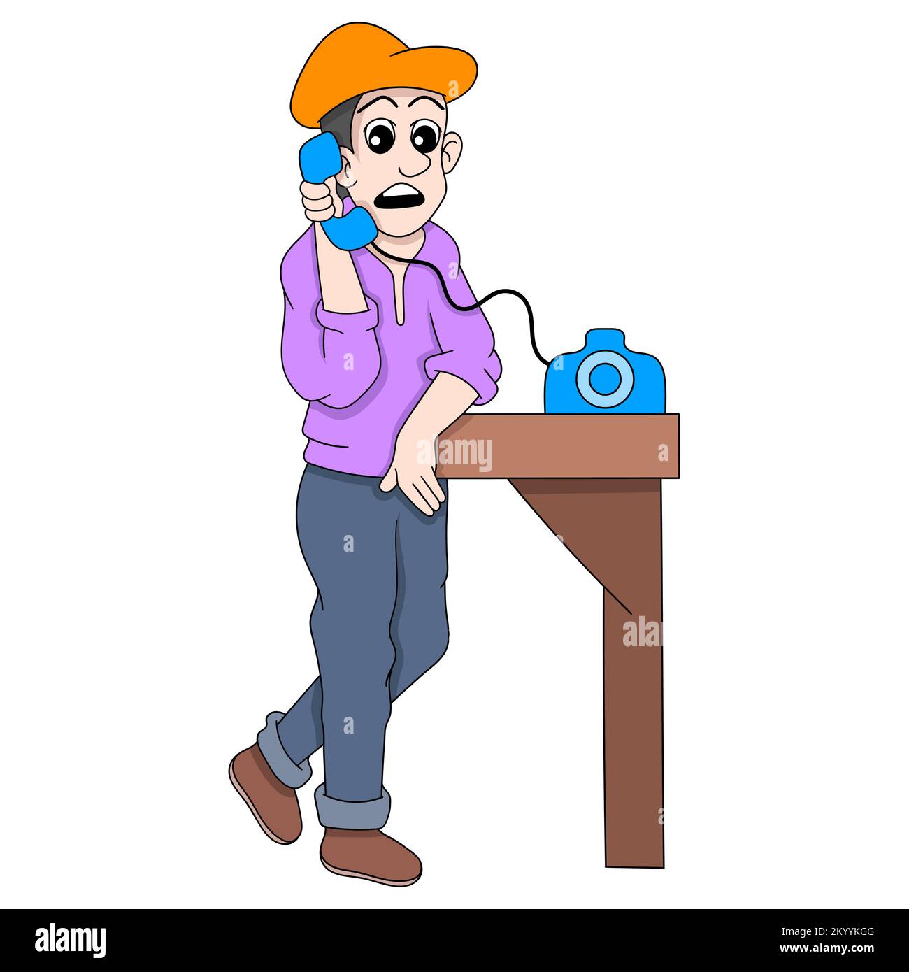 illustration of a male repair shop worker receiving a phone call for a ...