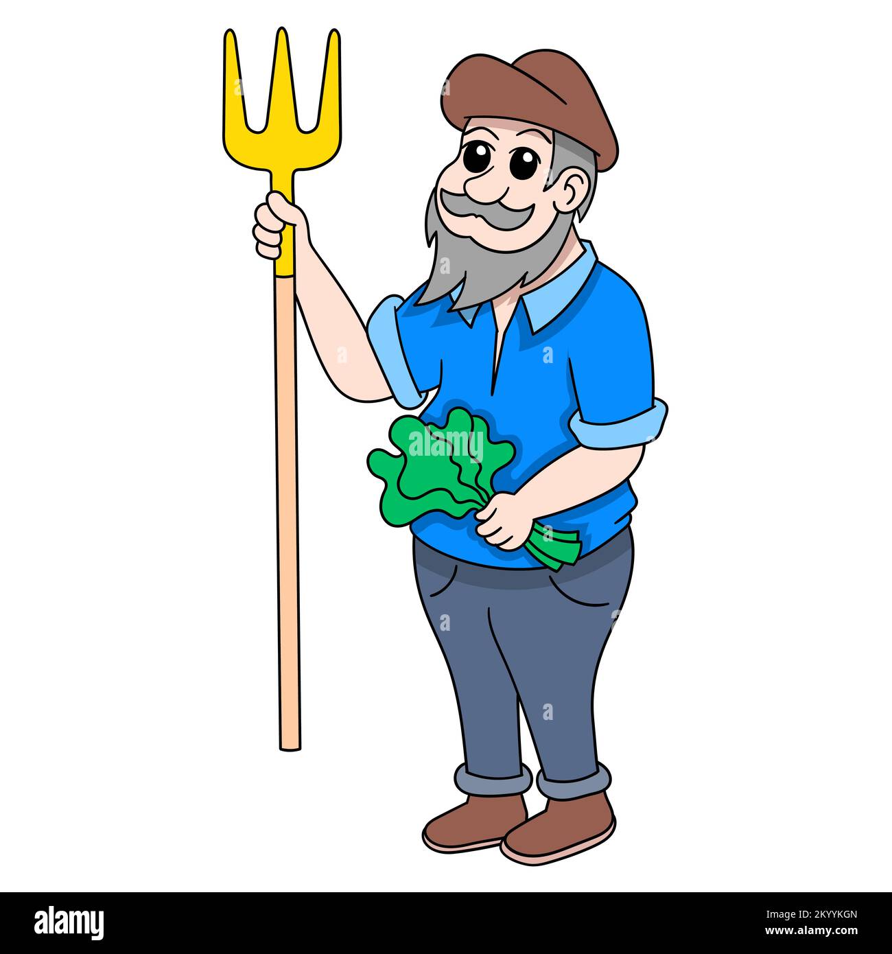 illustration of an old farmer man carrying a rake and vegetables from a ...