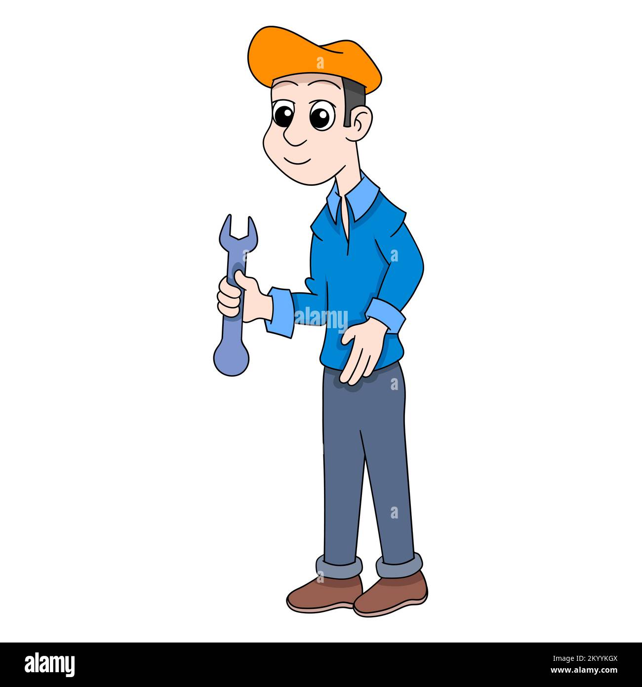 illustration of a male repair shop worker holding a wrench tool ready ...