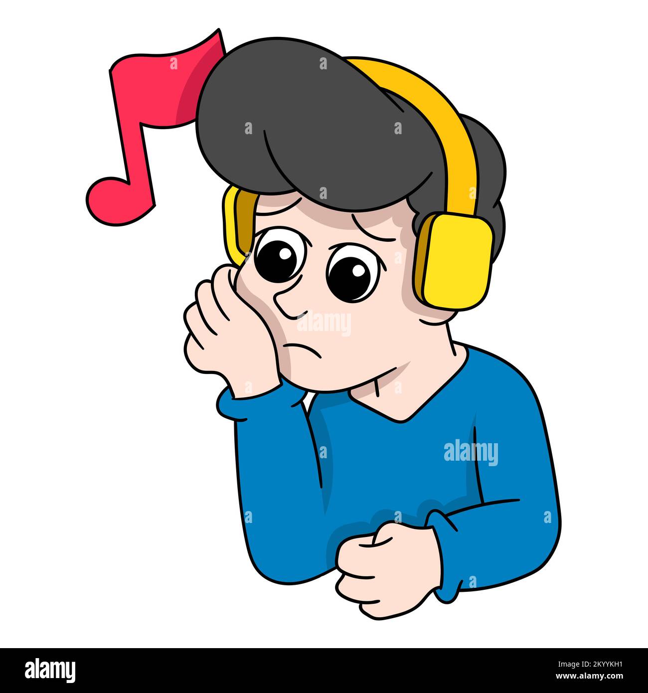 illustration of a man wearing headphones listening to sad music with a ...