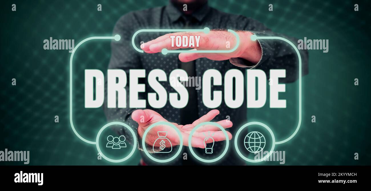 Hand writing sign Dress Code. Business overview an accepted way of ...