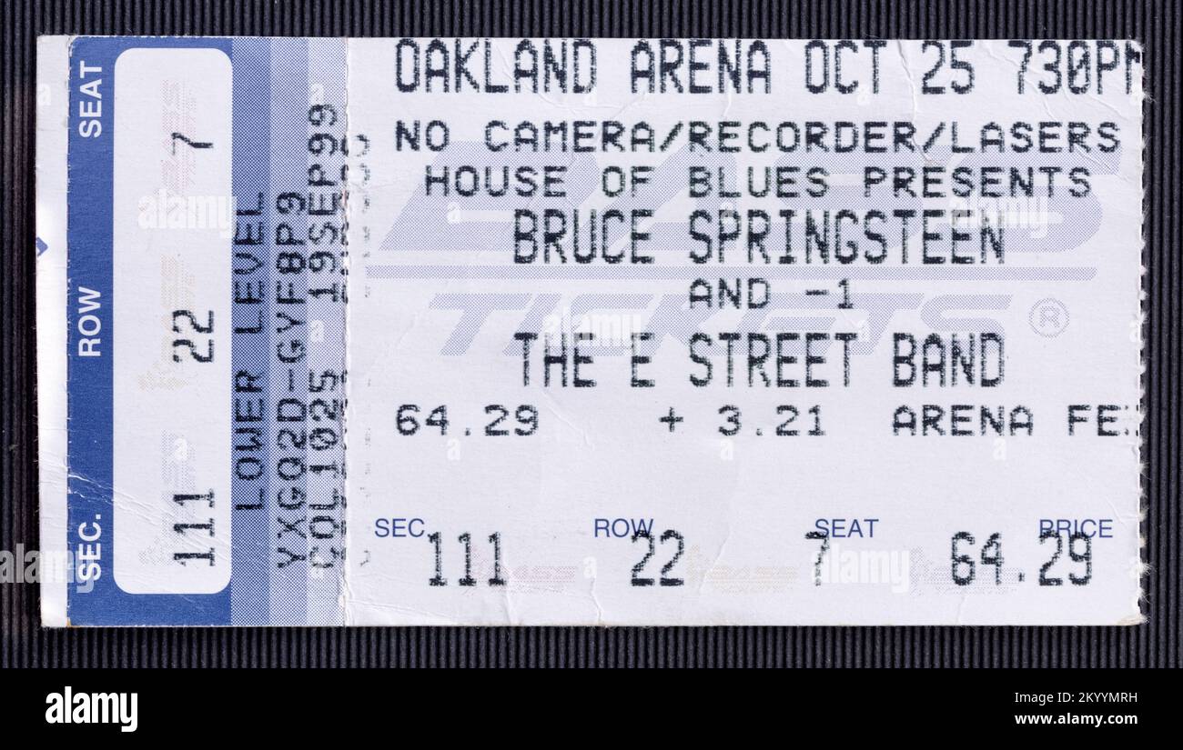 Oakland, California - October 25, 1999 - Old used ticket stub for Bruce ...
