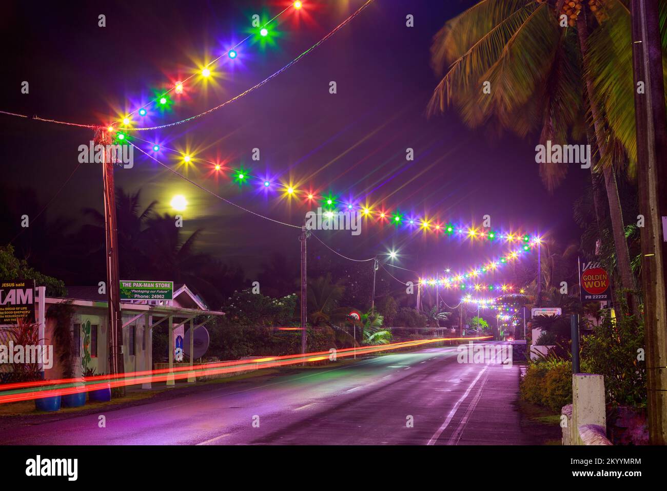Colorful string lighting over the road in Avarua, the main town on the ...