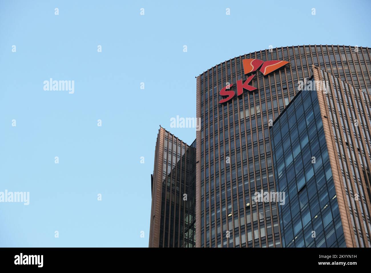Beijing,China-Sep. 11th 2022: SK Group brand logo on SK Tower in Beijing. A South Korean company ...