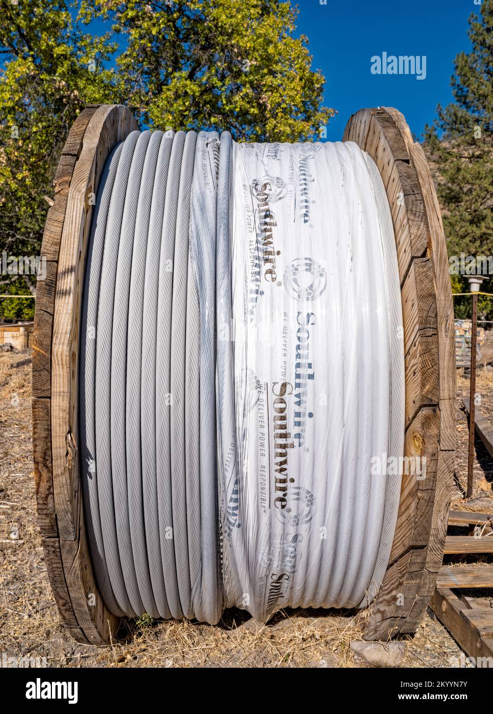 An unused spool of high voltage electrical cable at the Pit River ...