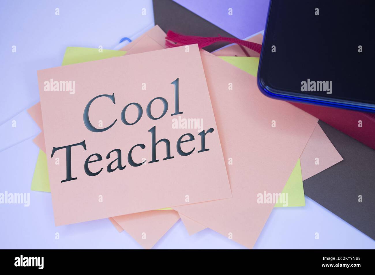Cool Teacher. Text on adhesive note paper. Event, celebration reminder ...