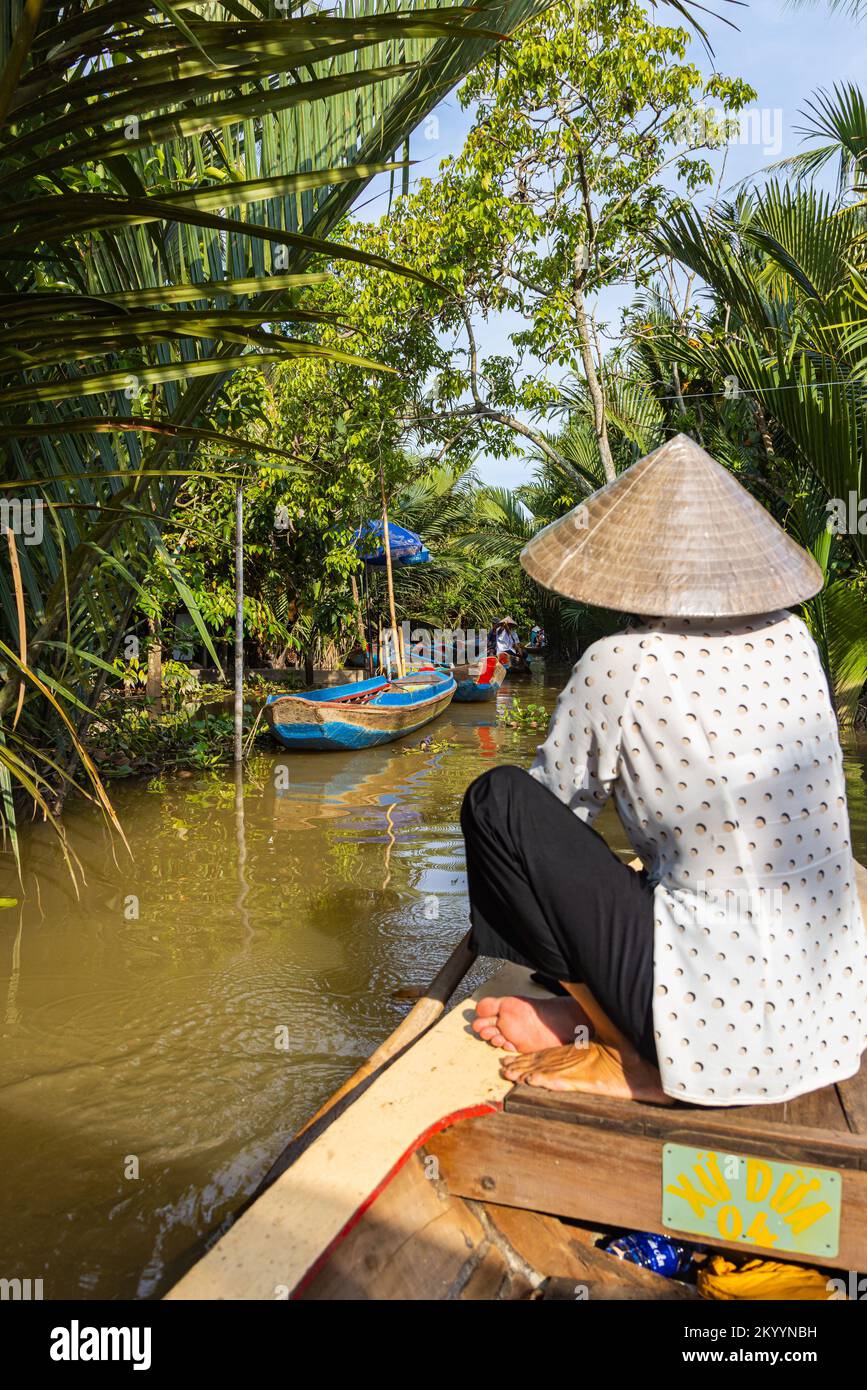 Ho Chi Minh City, Vietnam- November 9, 2022:Woman with conical ...