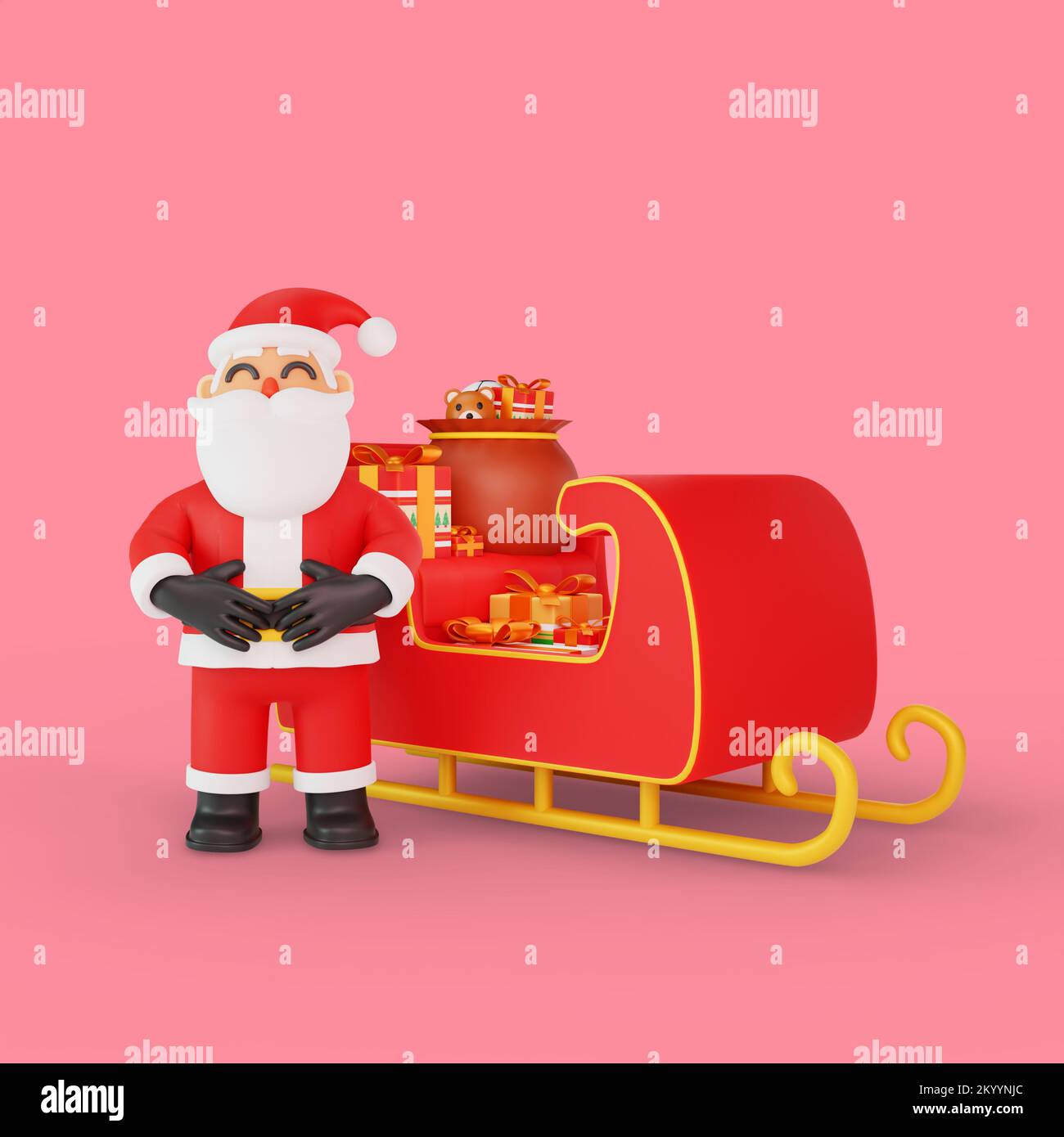 3d rendering of santa pose in front of a sleigh filled with gifts Stock ...