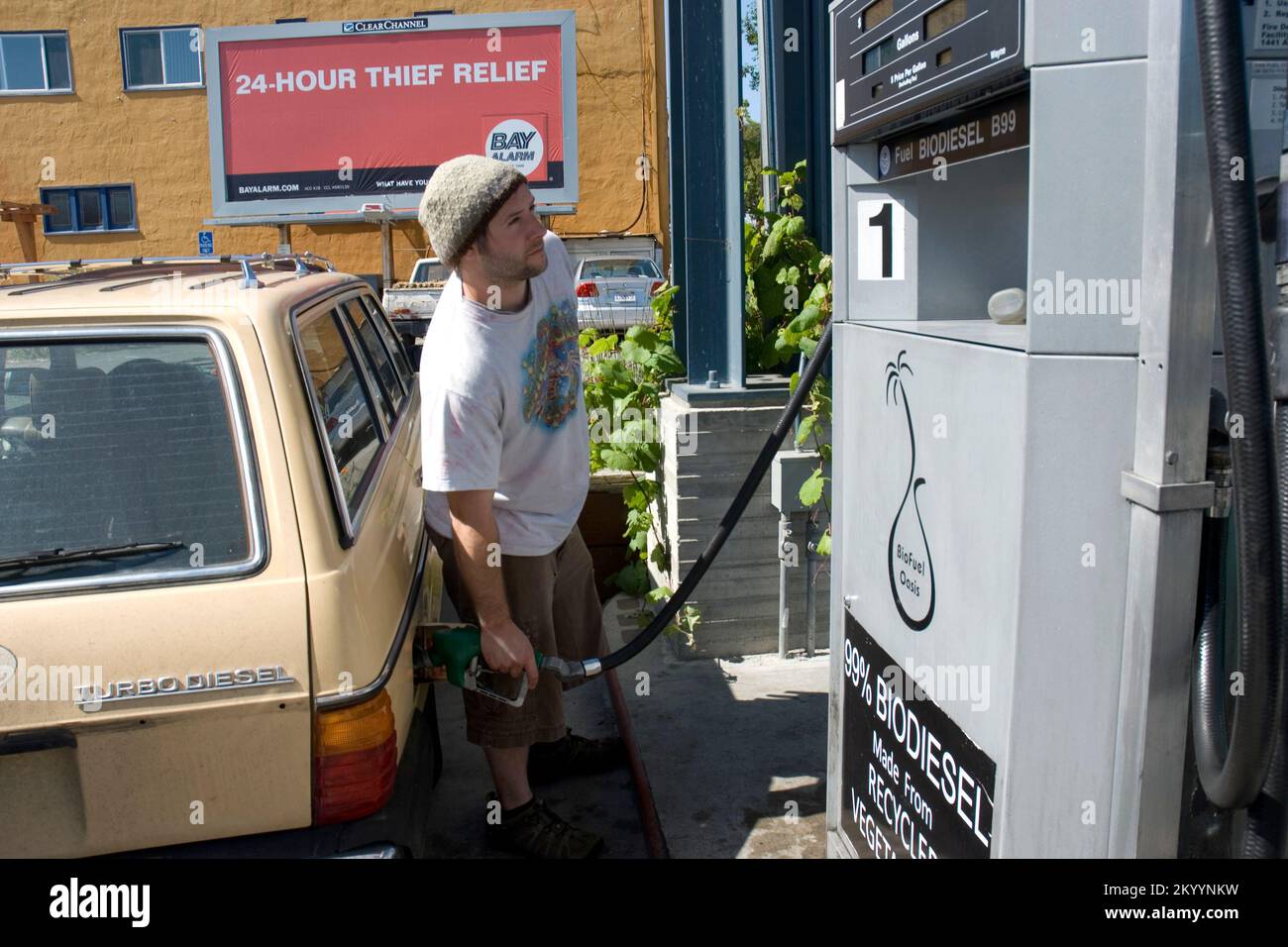 Man filling tank of Mercedes biodiesel car with biodiesel fuel at ...