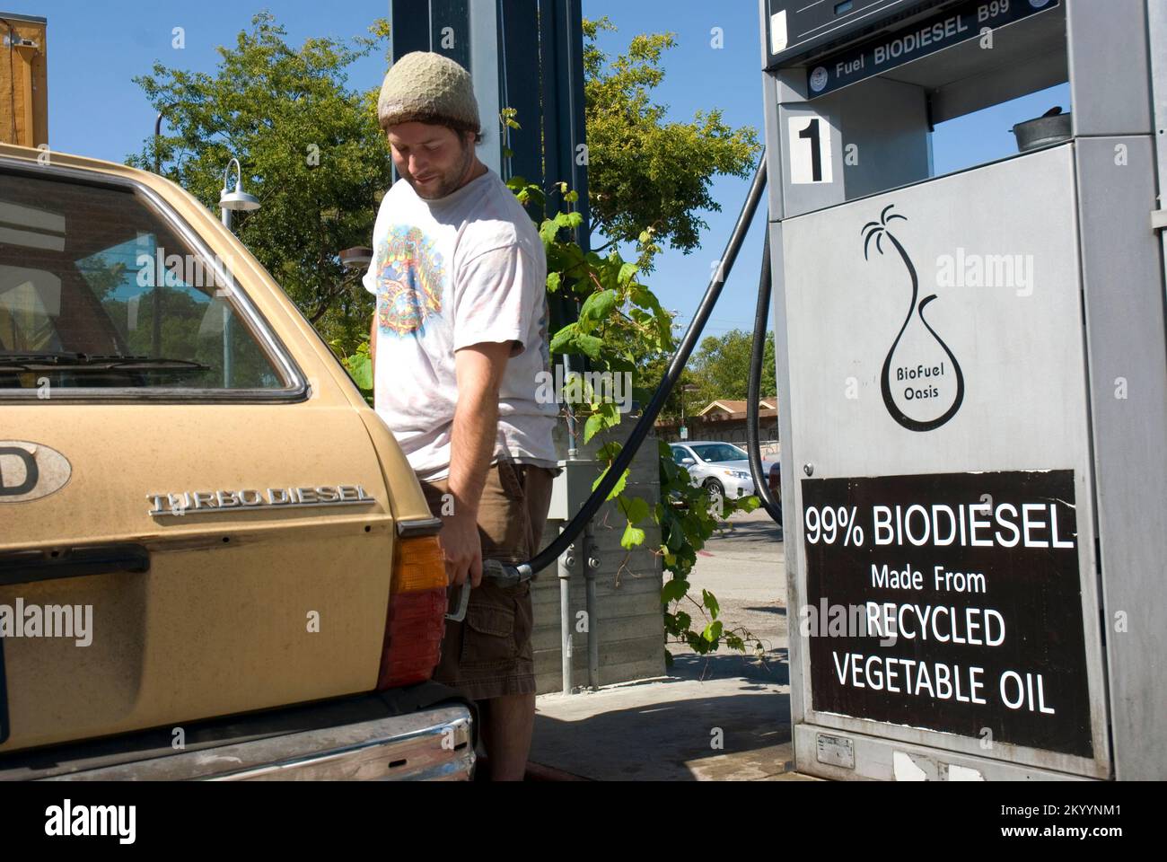 Man filling tank of biodiesel car with biodiesel fuel at Biodiesel ...