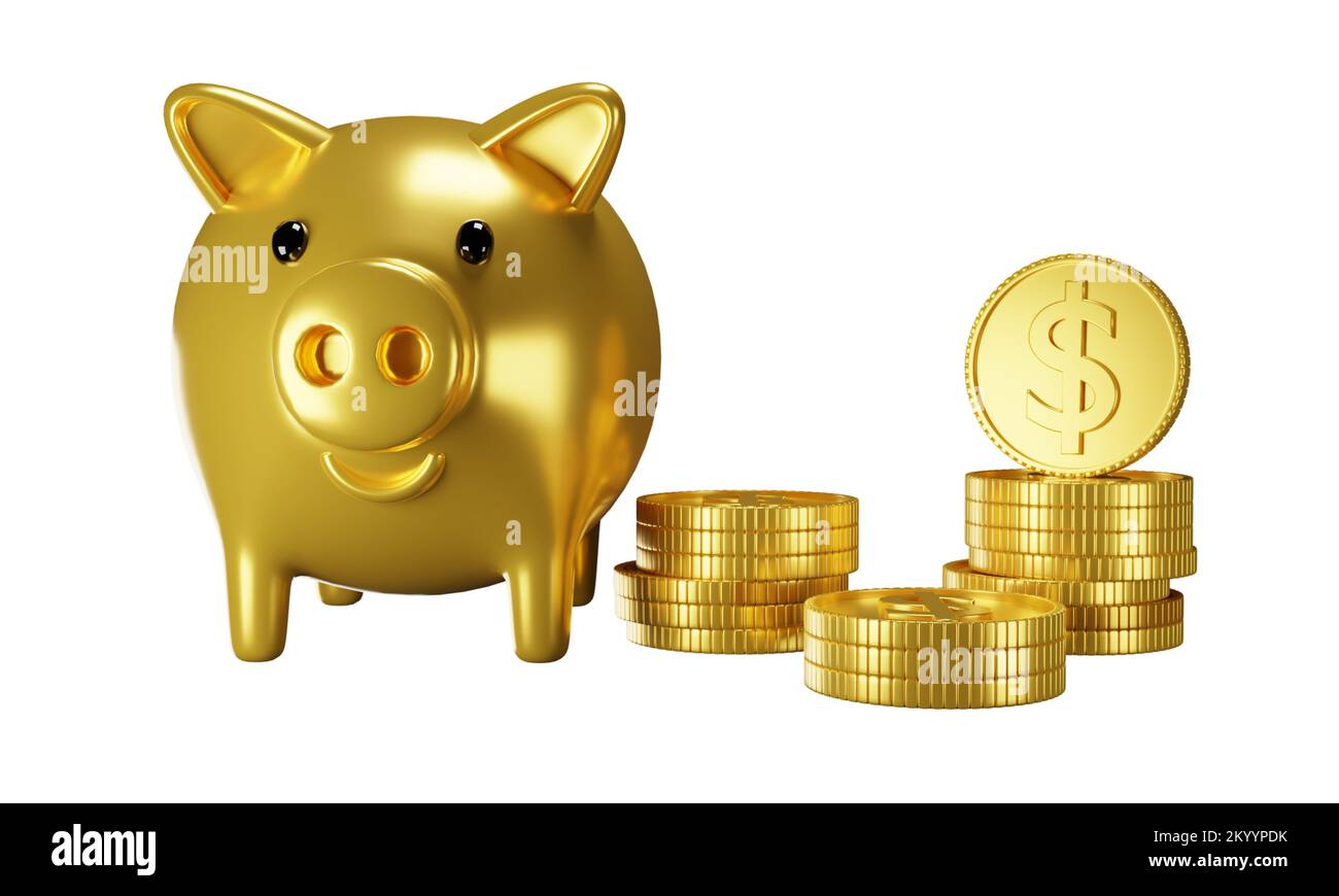 3d render money jar pig gold with money dollar coin stack, white ...