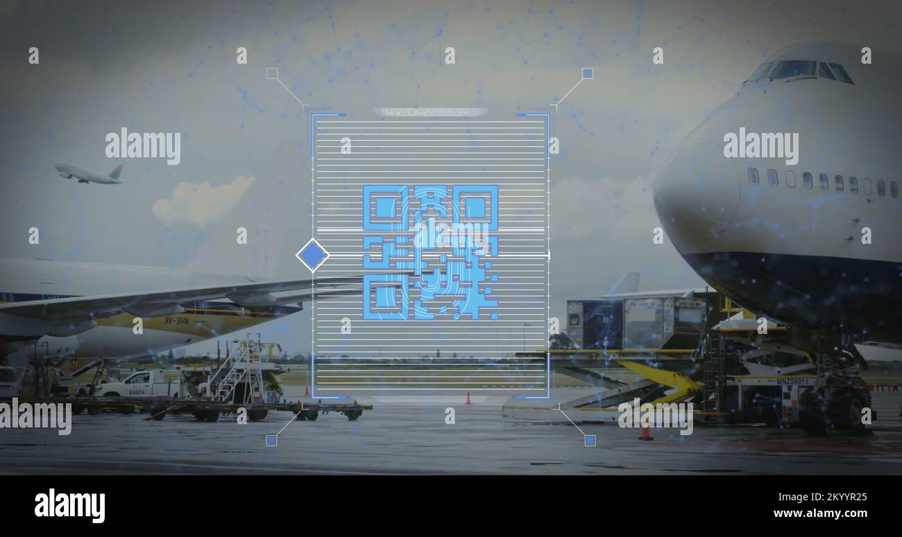 Image of a blue QR code over an airplane taking off Stock Photo - Alamy