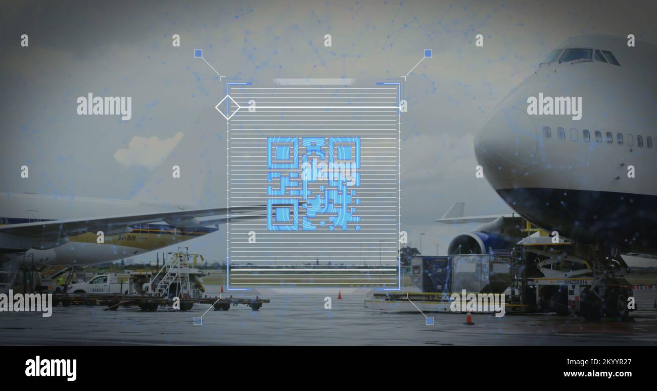 Image of a blue QR code over an airplane taking off Stock Photo - Alamy