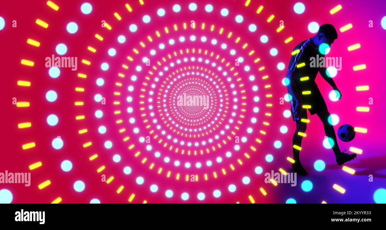 Illuminated dots and lines over side view of caucasian male player ...