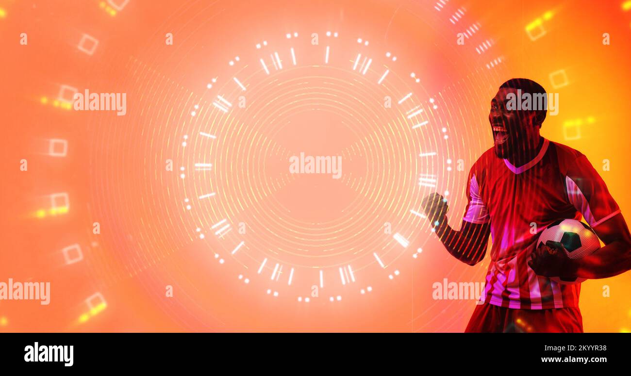 Illuminated square, dots, lines over happy african american male player ...