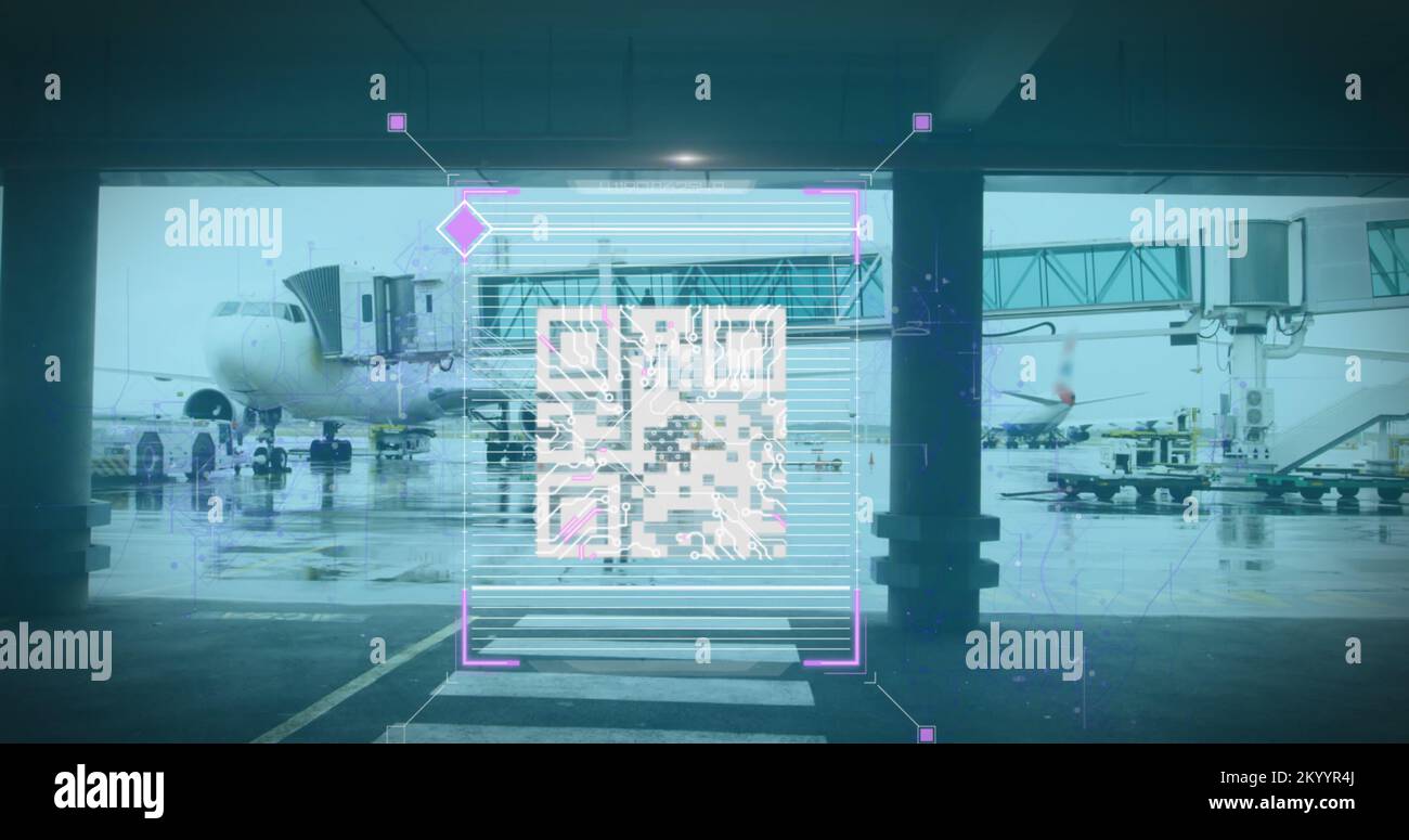 White QR code over fast motion people walking on the airport Stock ...