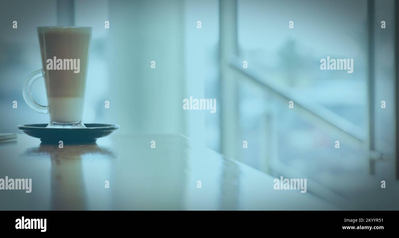 Image of a white QR code scanning over a cup of caffe latte standing ...