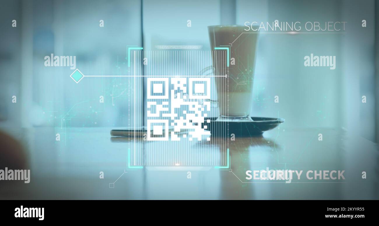 Image of a white QR code scanning over a cup of caffe latte standing ...